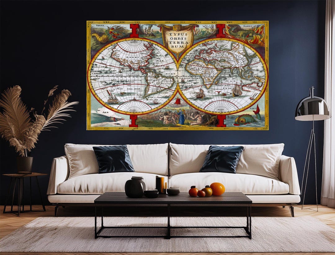 Antique World Map Wall Art Hand-colored Vintage Map for History Lovers ...