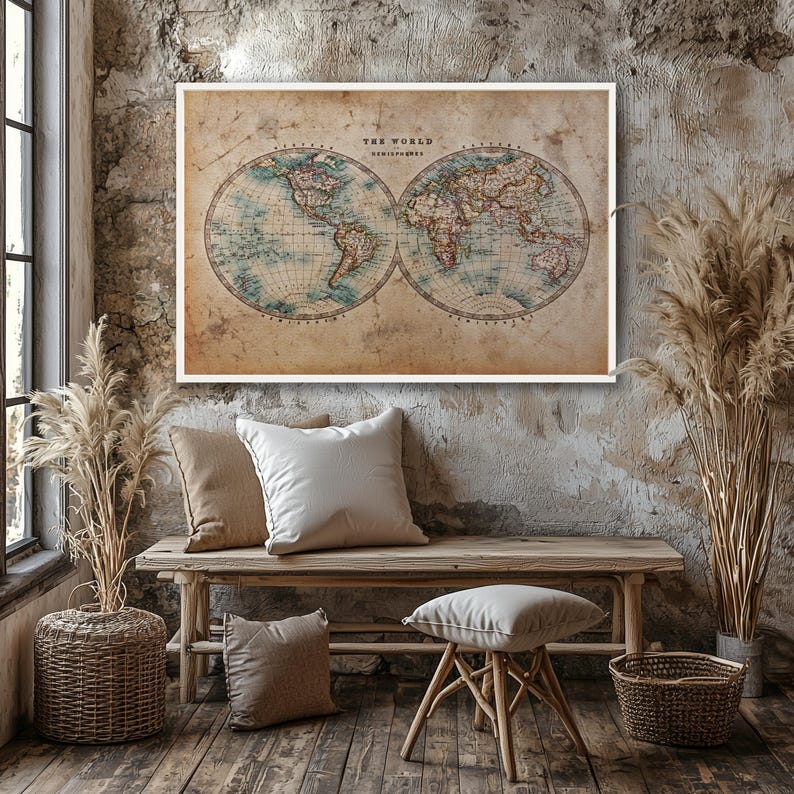 Vintage World Map Framed Canvas Wall Art, Antique Atlas Canvas for ...