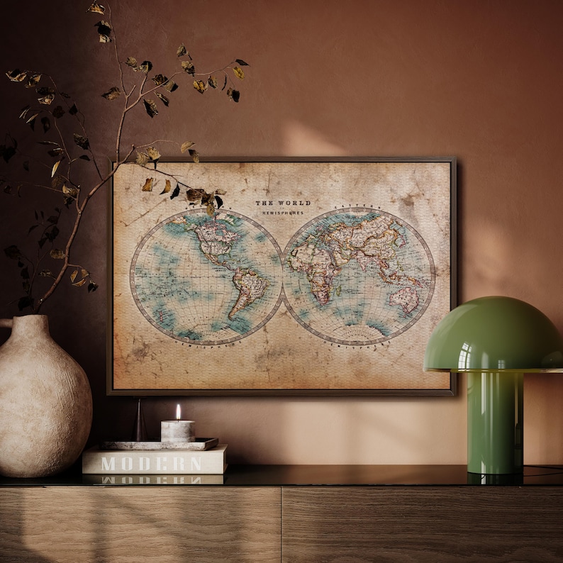 Vintage World Map Framed Canvas Wall Art, Antique Atlas Canvas for ...