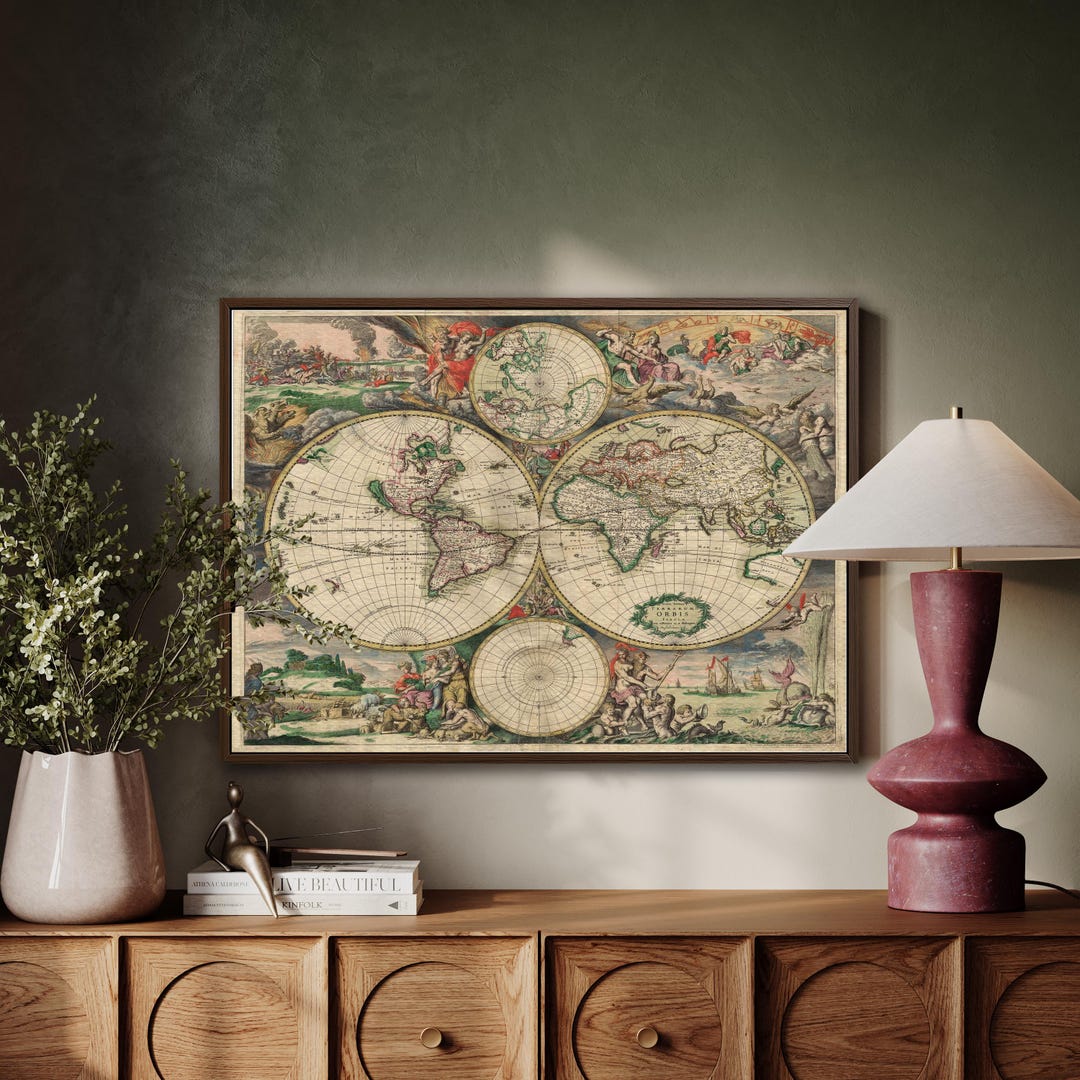 Antique World Map Framed Canvas Wall Art, Historical Atlas Decor for ...