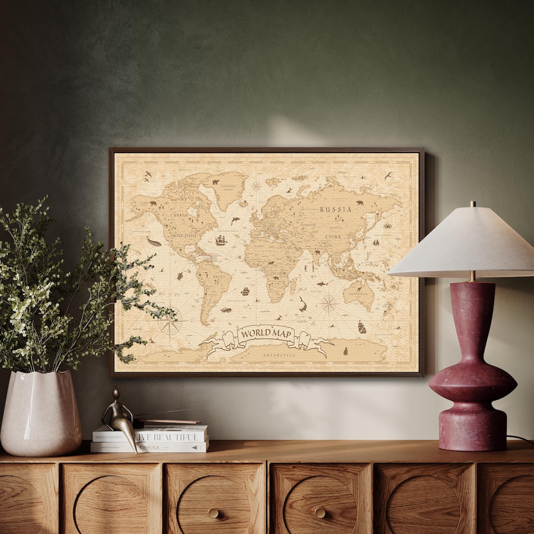 Vintage World Map Framed Canvas Art: Antique Atlas Print for Home or ...