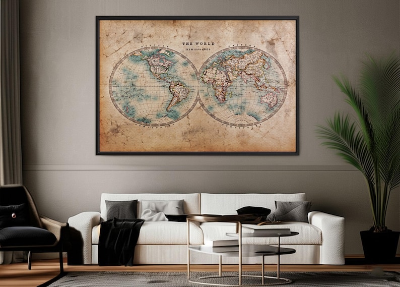 Vintage World Map Framed Canvas Wall Art, Antique Atlas Canvas for ...