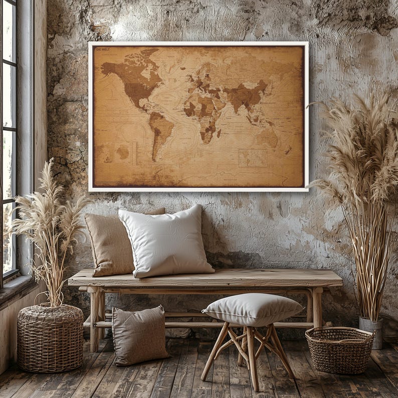 Vintage World Map Canvas Art: Rustic Travel Poster, Historical Atlas - Etsy