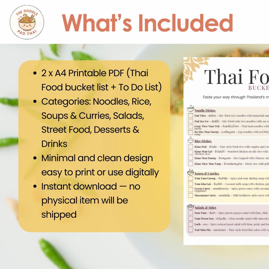 Thai Food Bucket List Printable | A4 Minimal Design | Thai Street Food ...