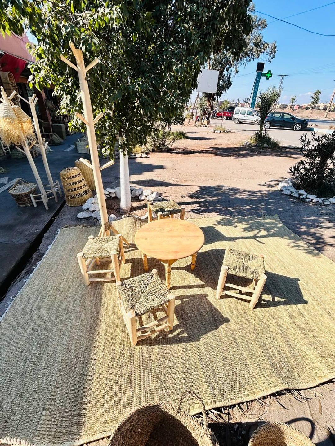 Wooden Table and Stools Set With Mat – Rustic Outdoor Furniture - Etsy