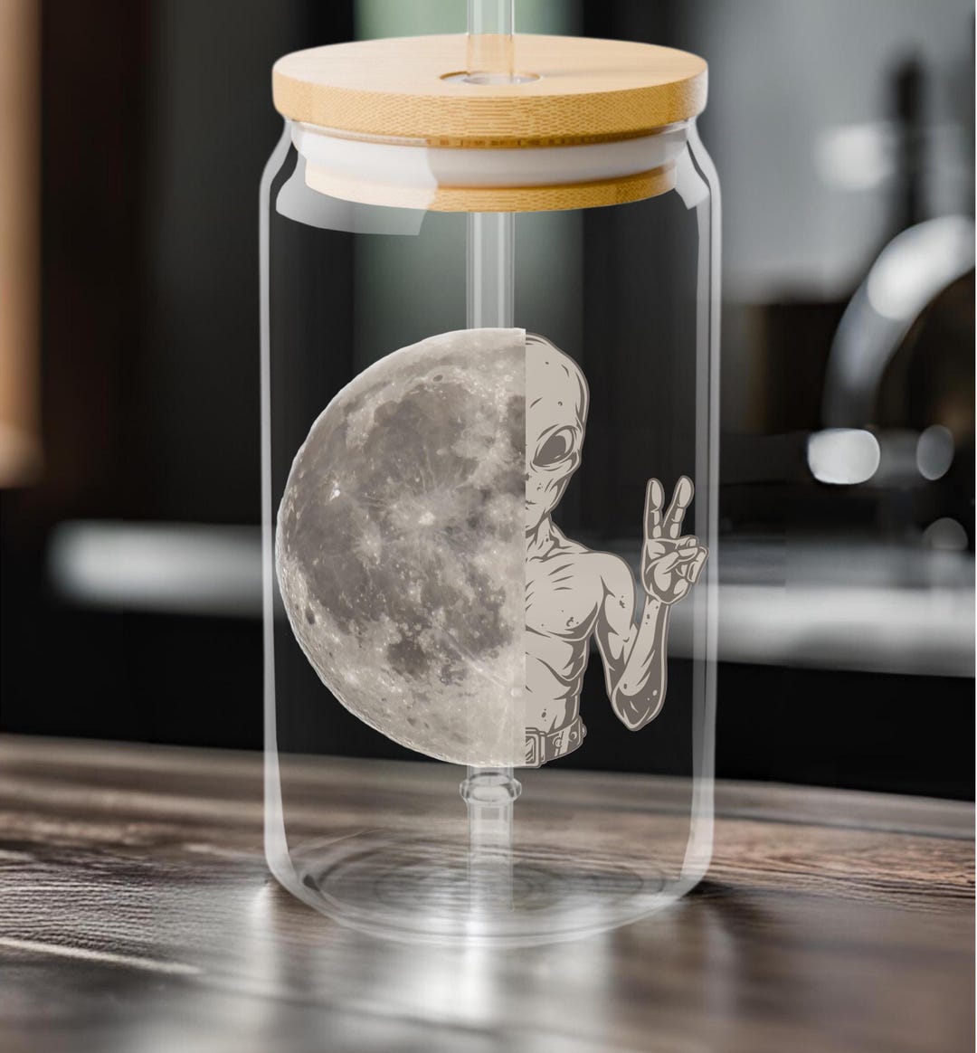 Alien Half Moon Peace Sign Sipper Glass, ET UFO Tumbler Cup, Hippie ...