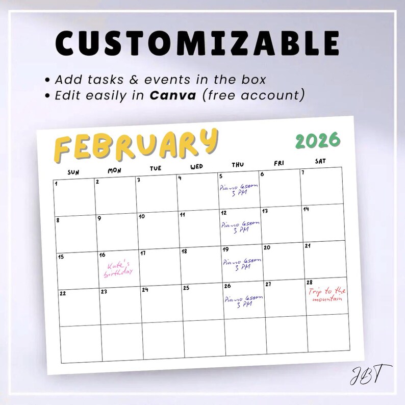 2026 Calendar Printable Calendar, Editable Calendar Template in Canva ...