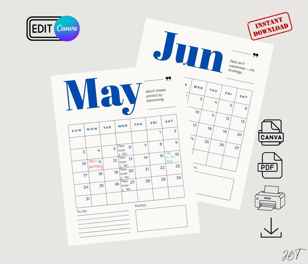 Editable 2026 Monthly Planner Printable, Elegant Canva Calendar ...
