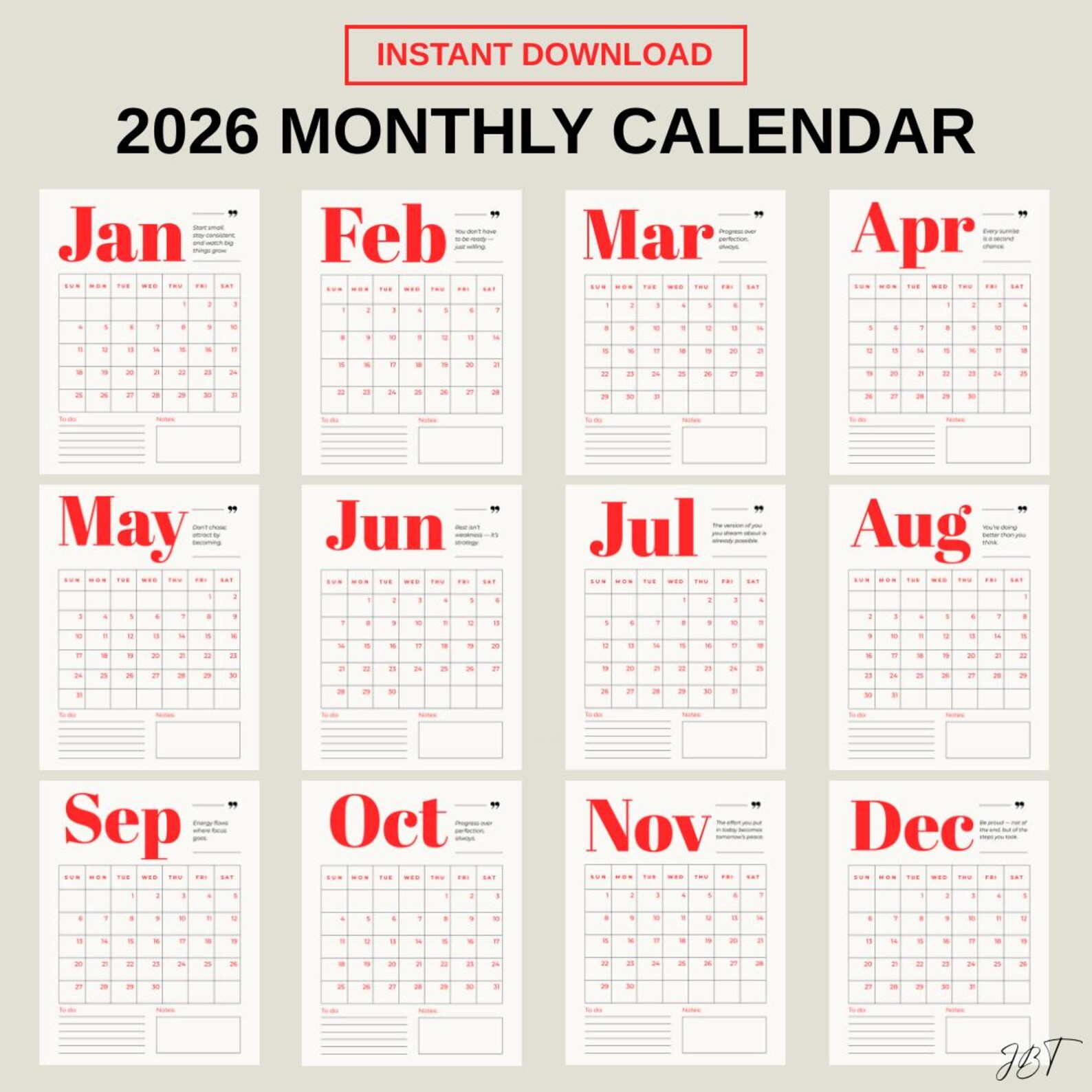 2026 Monthly Planner Printable, Editable Monthly Calendar Template ...