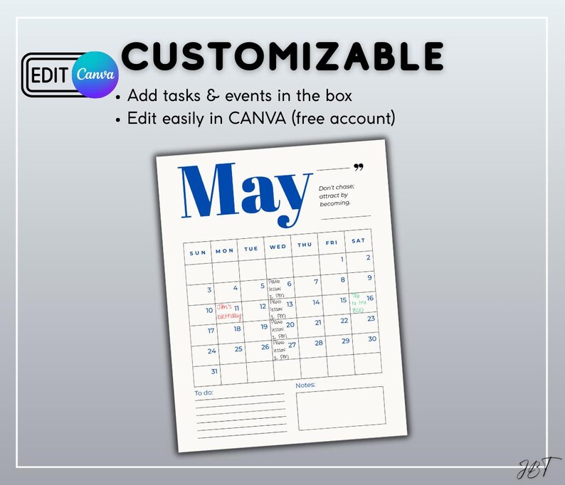 Editable 2026 Monthly Planner Printable, Elegant Canva Calendar ...