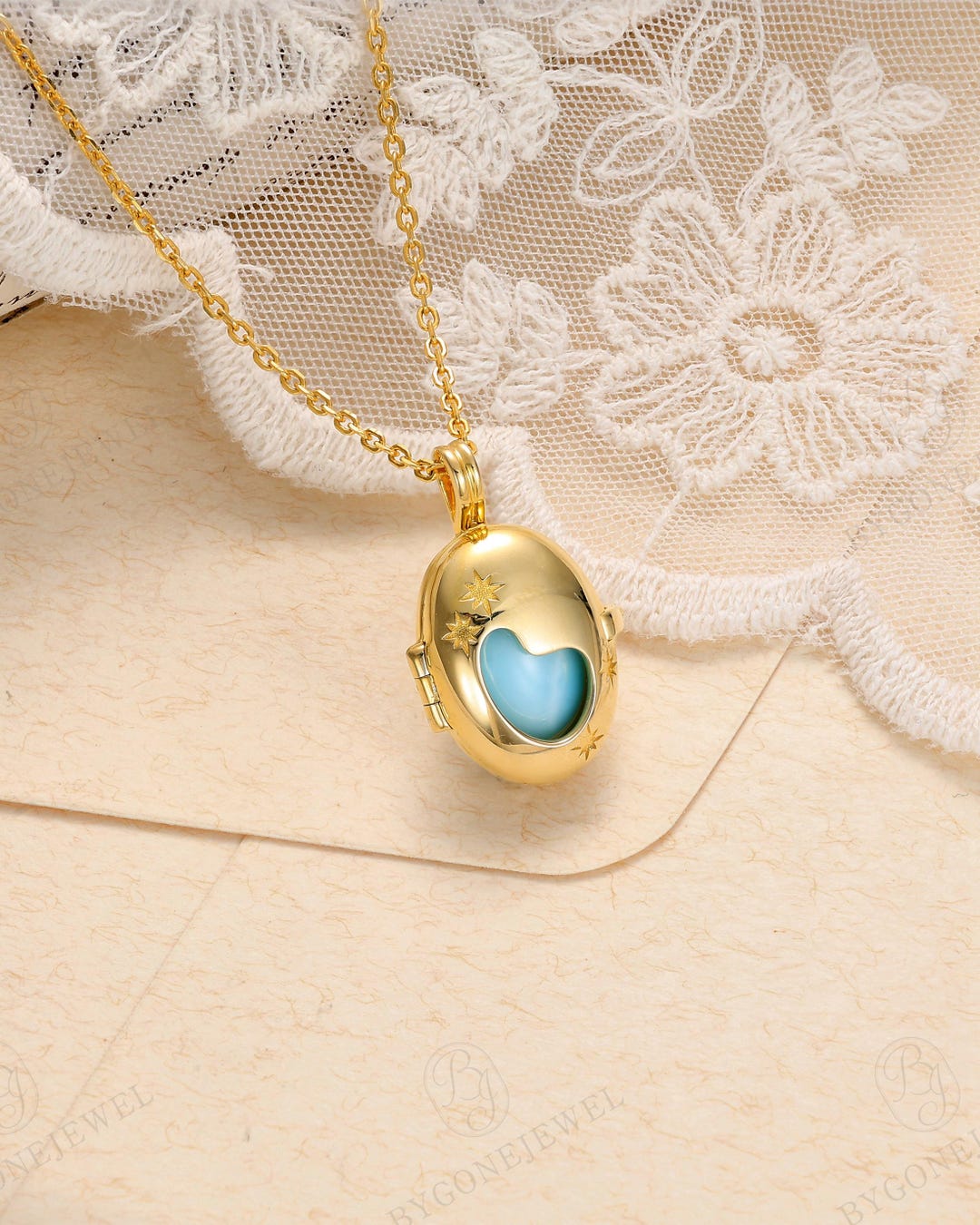Oval Shape Larimar Locket Pendant, Celestial Star Engraved Keepsake ...