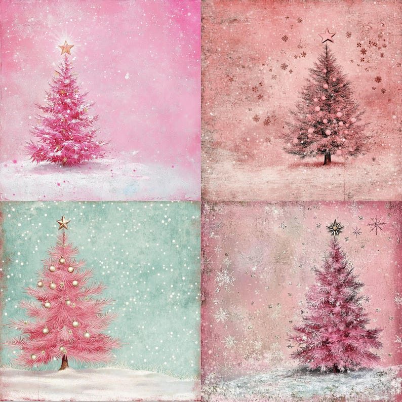 24 Vintage Pink Christmas Tree Clipart, Retro Holiday Art, Winter ...