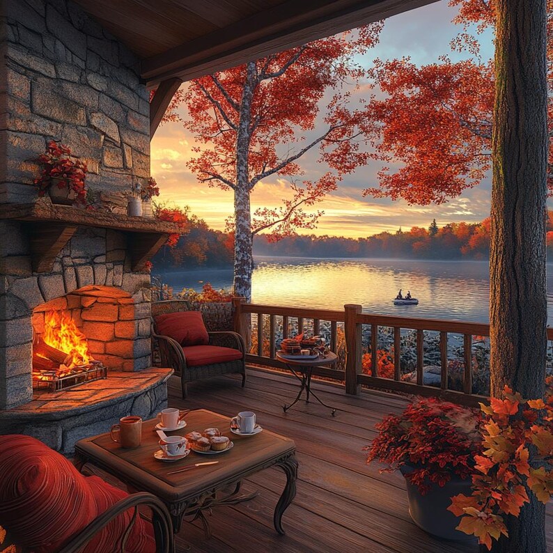 24 Cozy Lakeside Autumn Sunset Clipart, Autumn Sunset Digital Art, Rustic Scene, Fireplace and ...