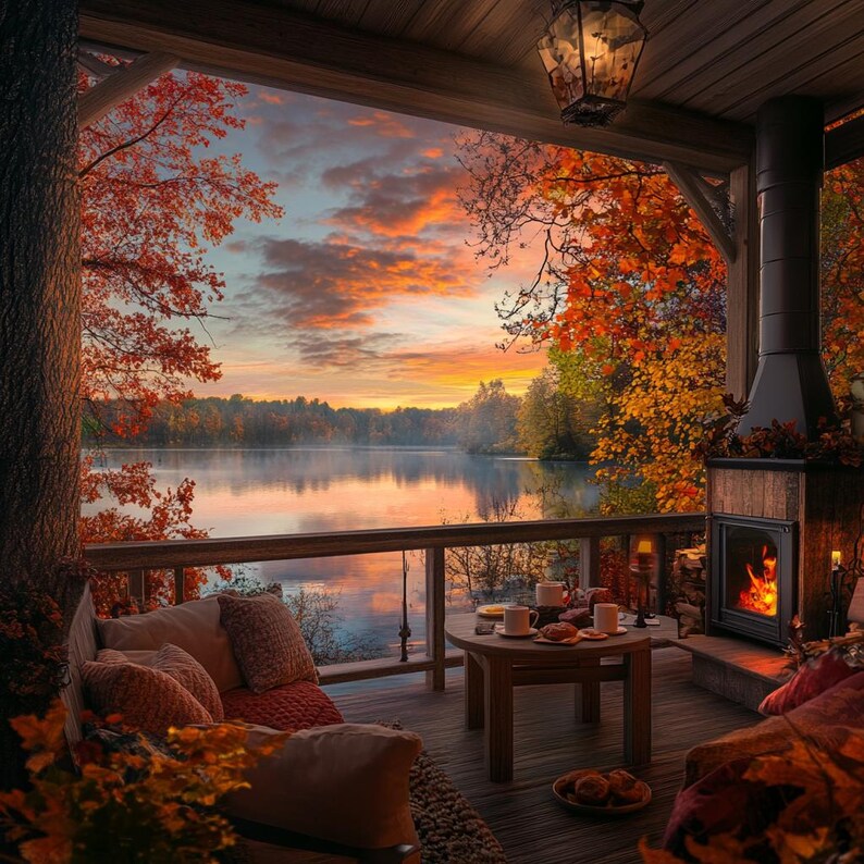 24 Cozy Lakeside Autumn Sunset Clipart, Autumn Sunset Digital Art, Rustic Scene, Fireplace and ...