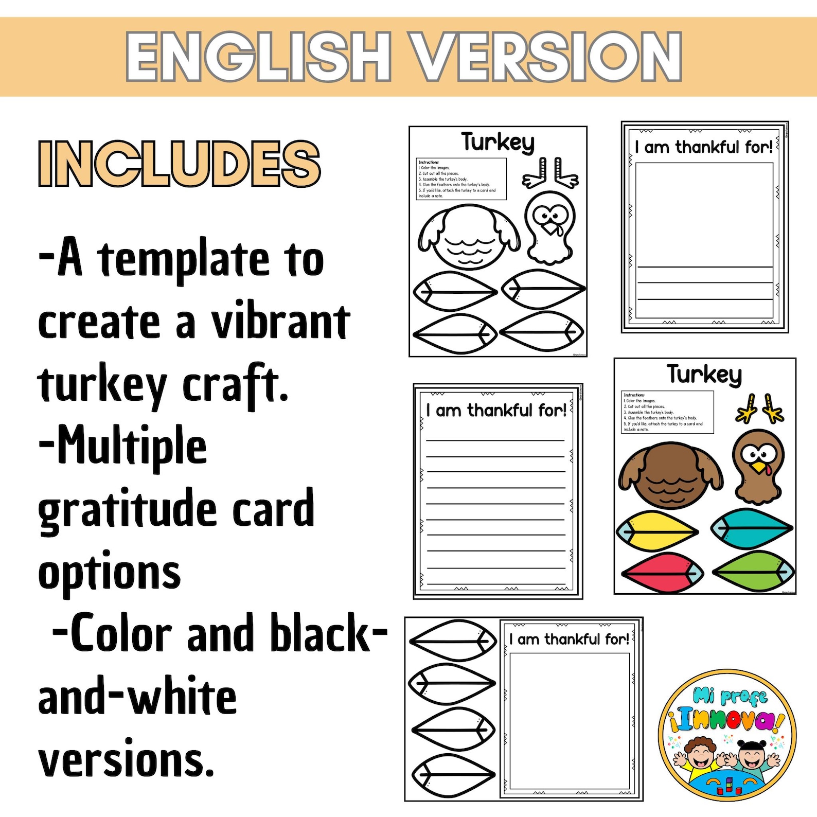 Thanksgiving 'I Am Thankful For' Turkey Gratitude Craft Activity for ...