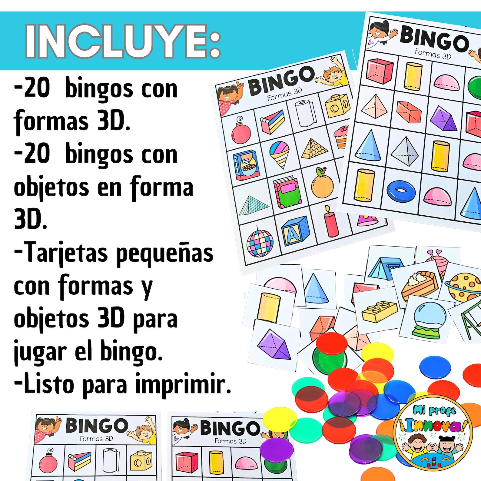 3D Shapes Bingo Game - Cards in Spanish - Printable for Preschool ...