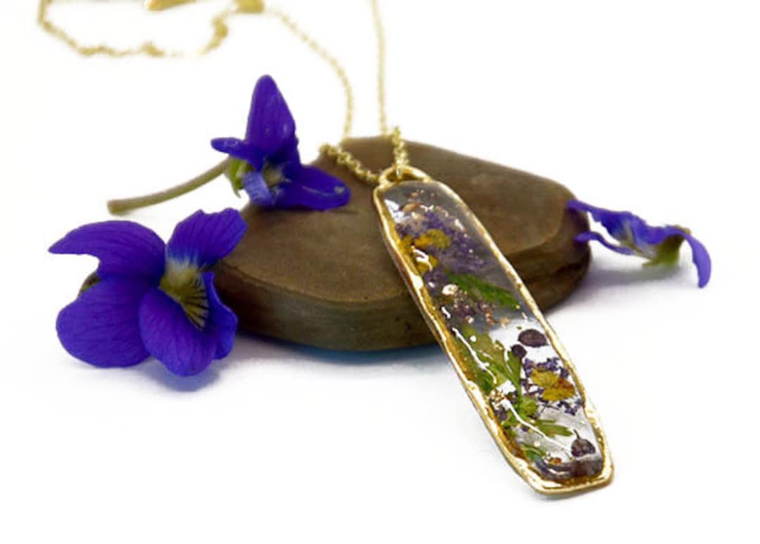 Purple Woodland Violets Floral Necklace, Real Native Violet Flower Gold ...