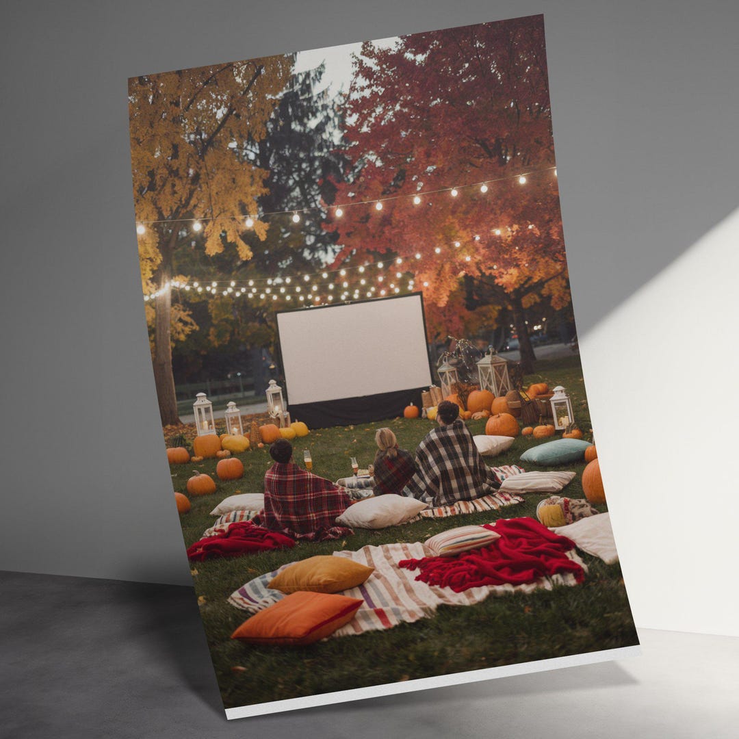 Cozy Fall Outdoor Movie Night Poster, Autumn Evening Lights Wall Art ...