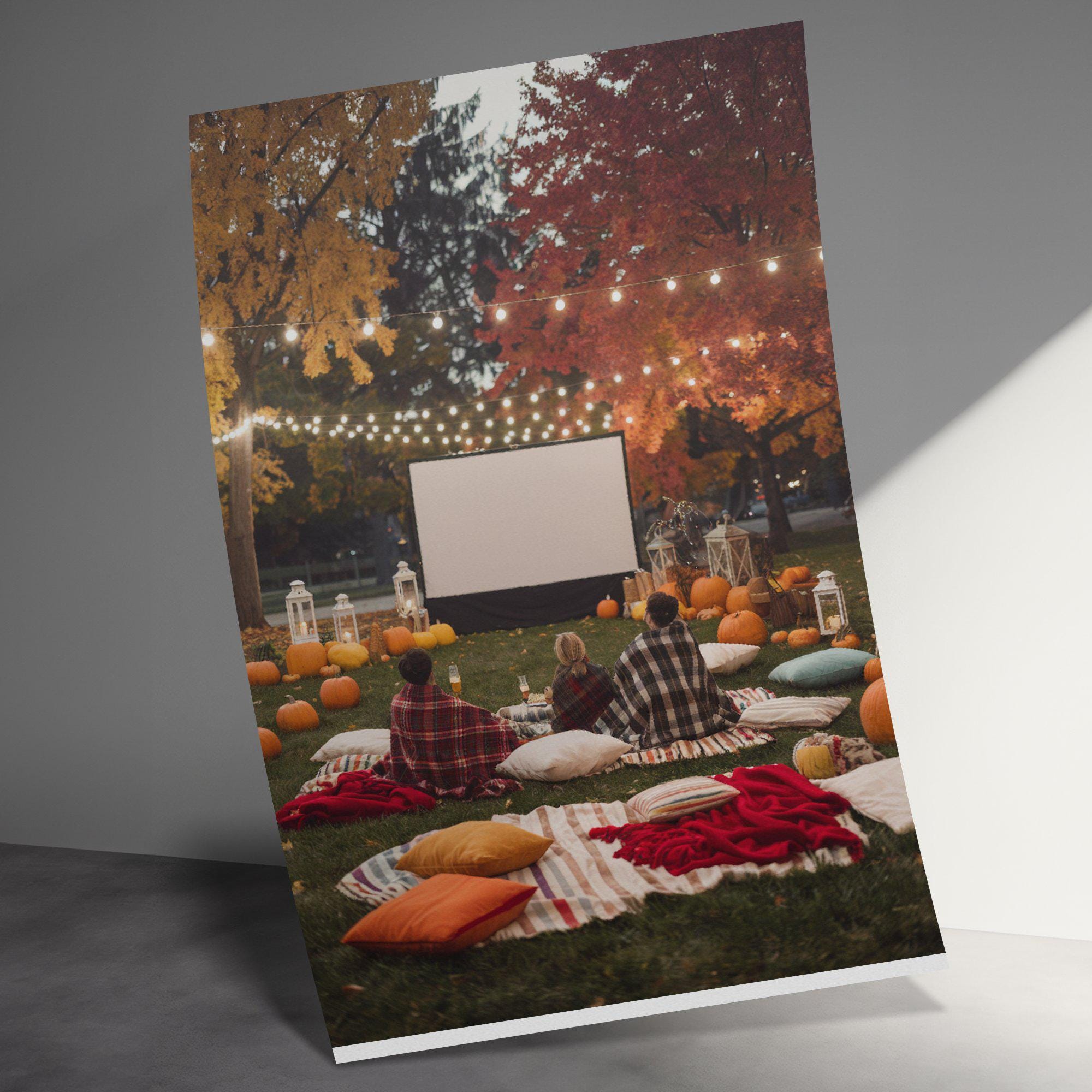 Cozy Fall Outdoor Movie Night Poster, Autumn Evening Lights Wall Art ...