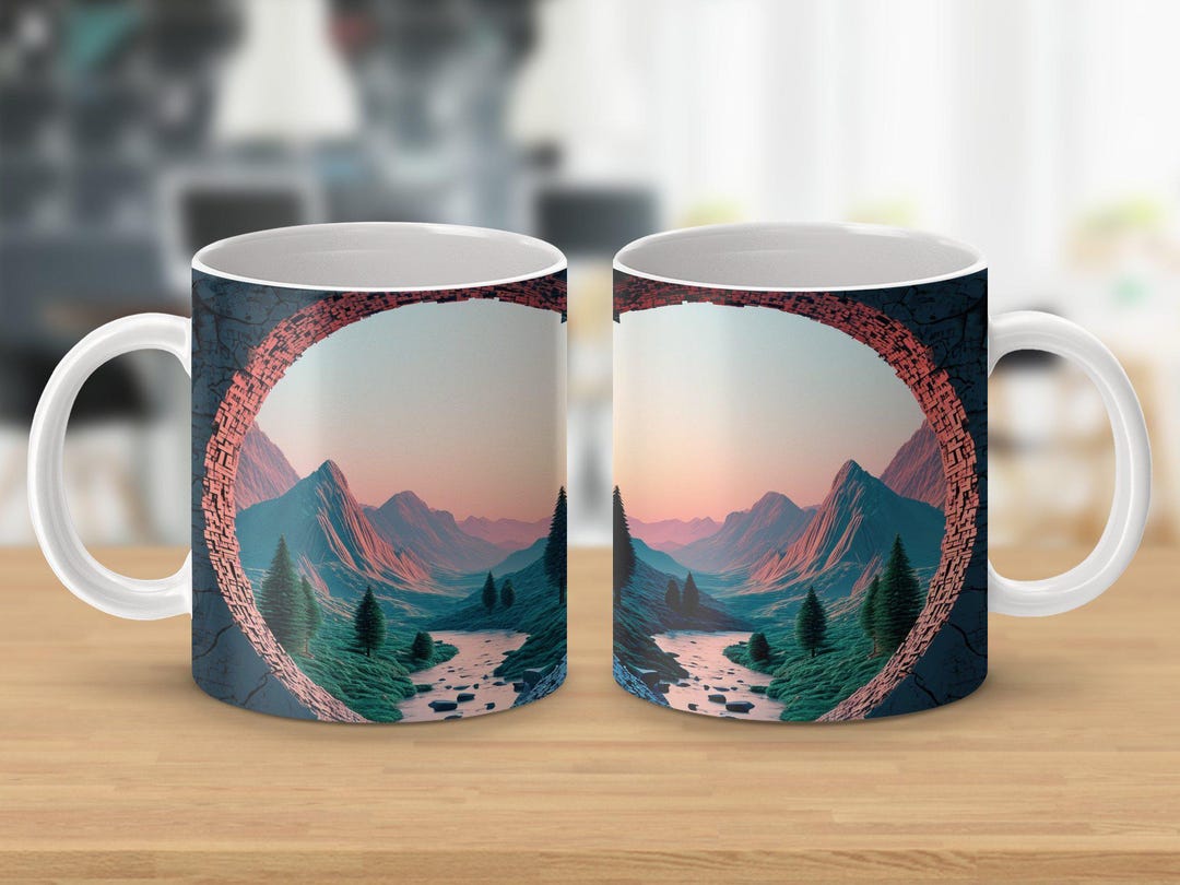 Futuristic Landscape Mug, Scenic Mountain View Mug, Tech Inspired Art ...