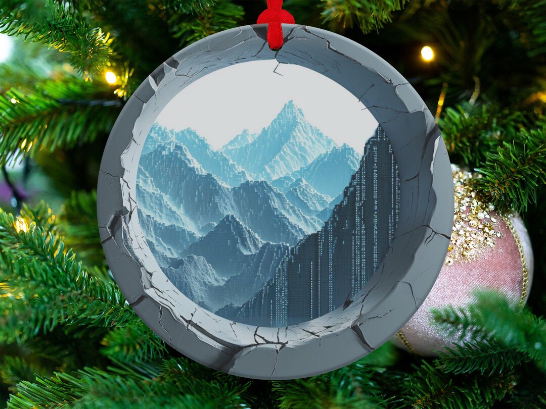 Tech Themed Ornament, Geeky Digital Mountain Art, Unique Christmas Tree ...