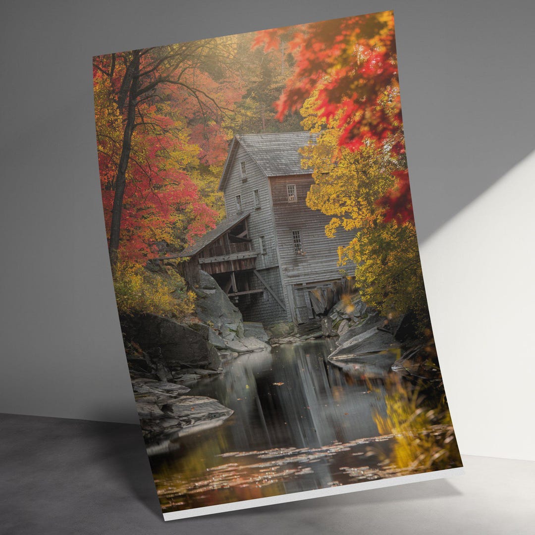 Autumn Mill Poster, Fall Season Art Print, Rustic Watermill Wall Decor ...