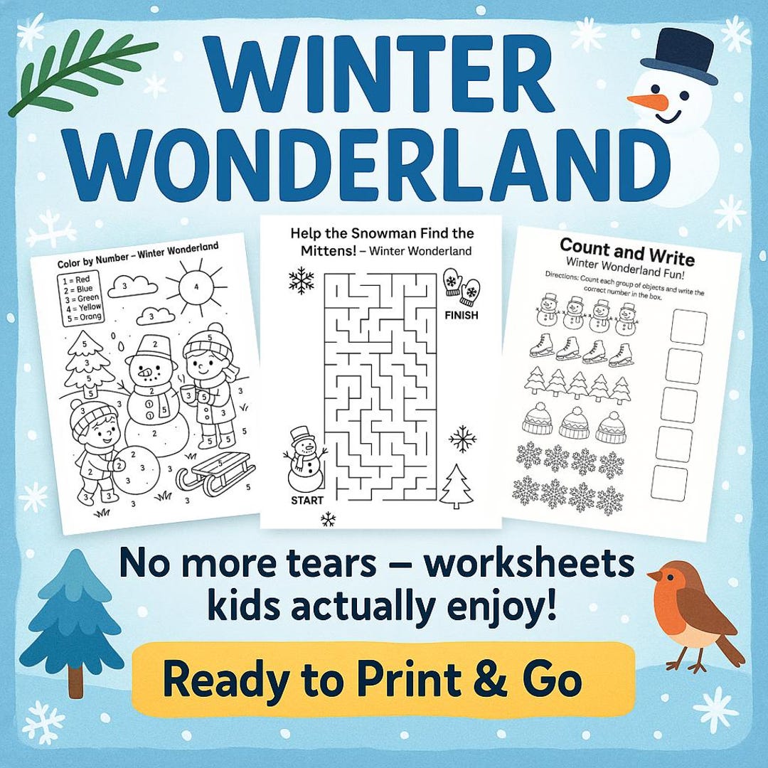 Preschool Worksheets for Winter Wonderland Learning — Counting, Maze ...