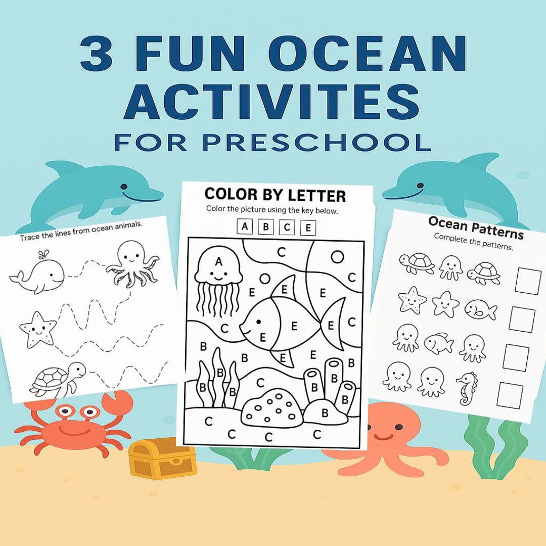 Ocean Preschool Worksheets – Color by Letters, Patterns & Tracing Lines ...