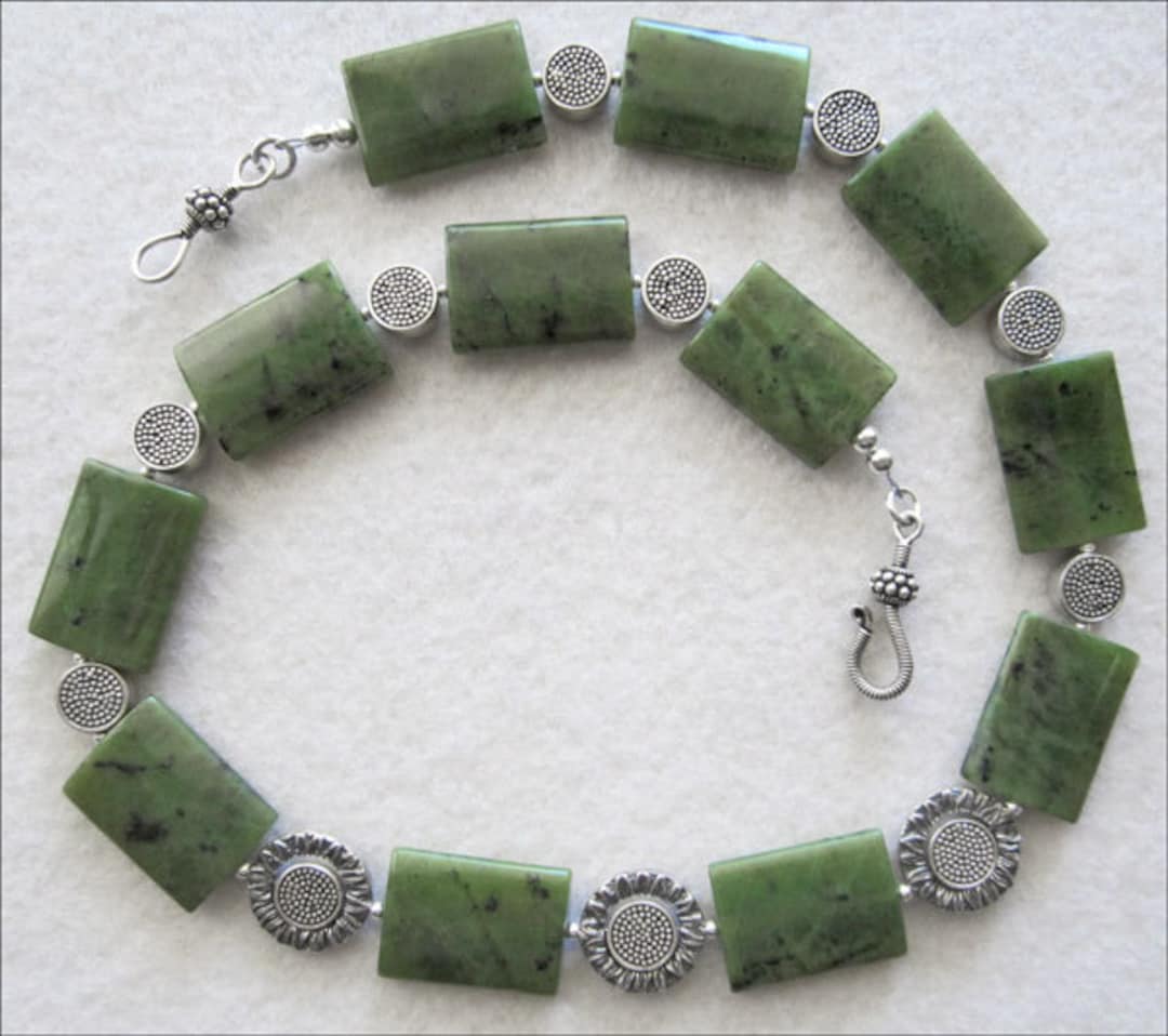 Green Jade Necklace With Sterling Silver Sunflowers - Etsy