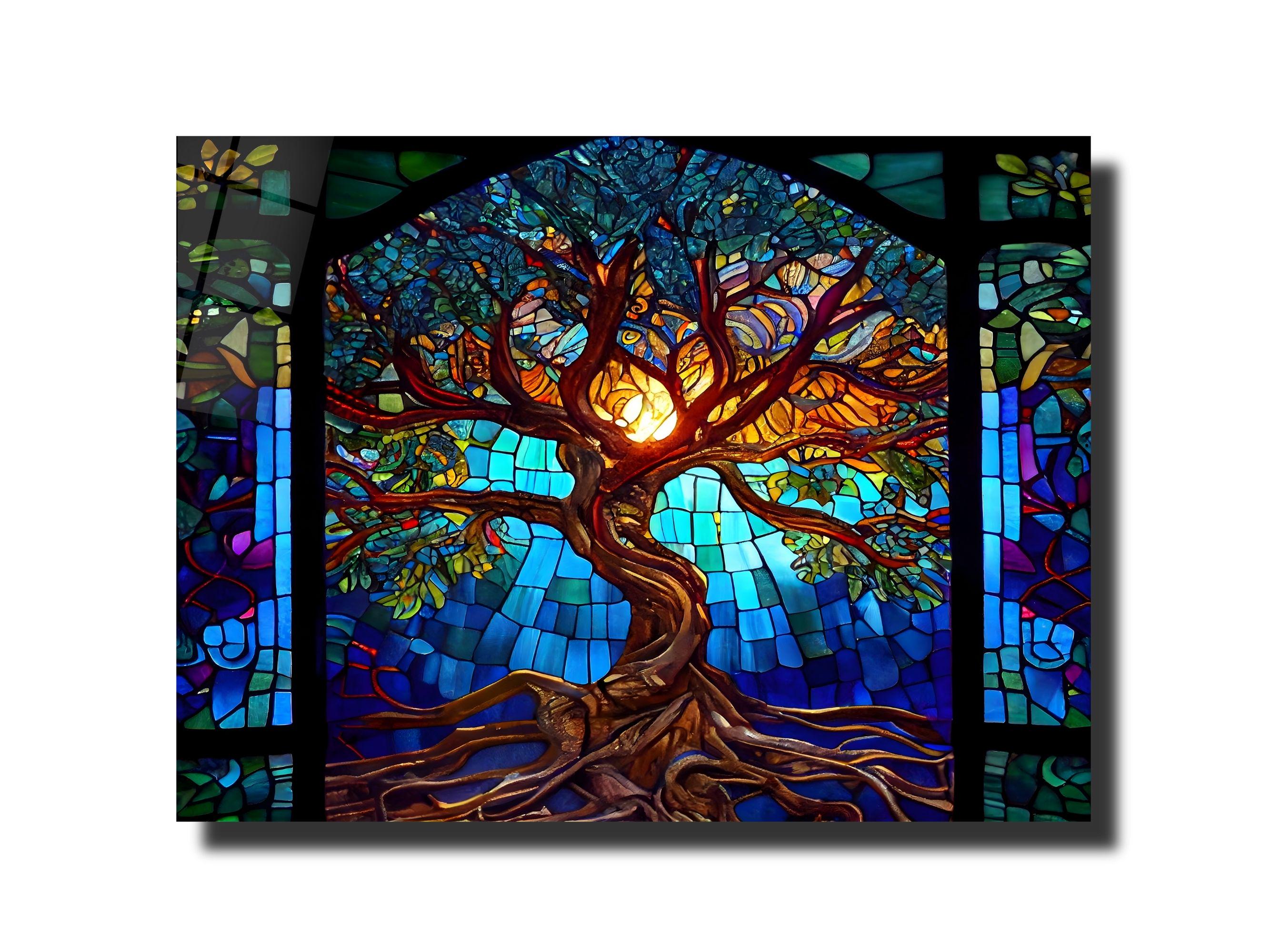 Stained Glass Tree of Life Painting Window Hanging Panel, Stained Glass ...