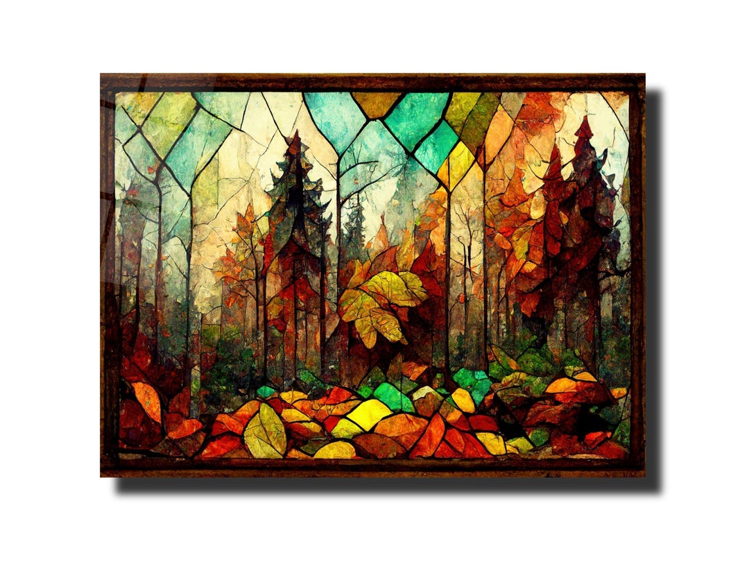 Stained Glass Autumn Forest Art Panel, Abstract Fall Leaves Nature Wall ...