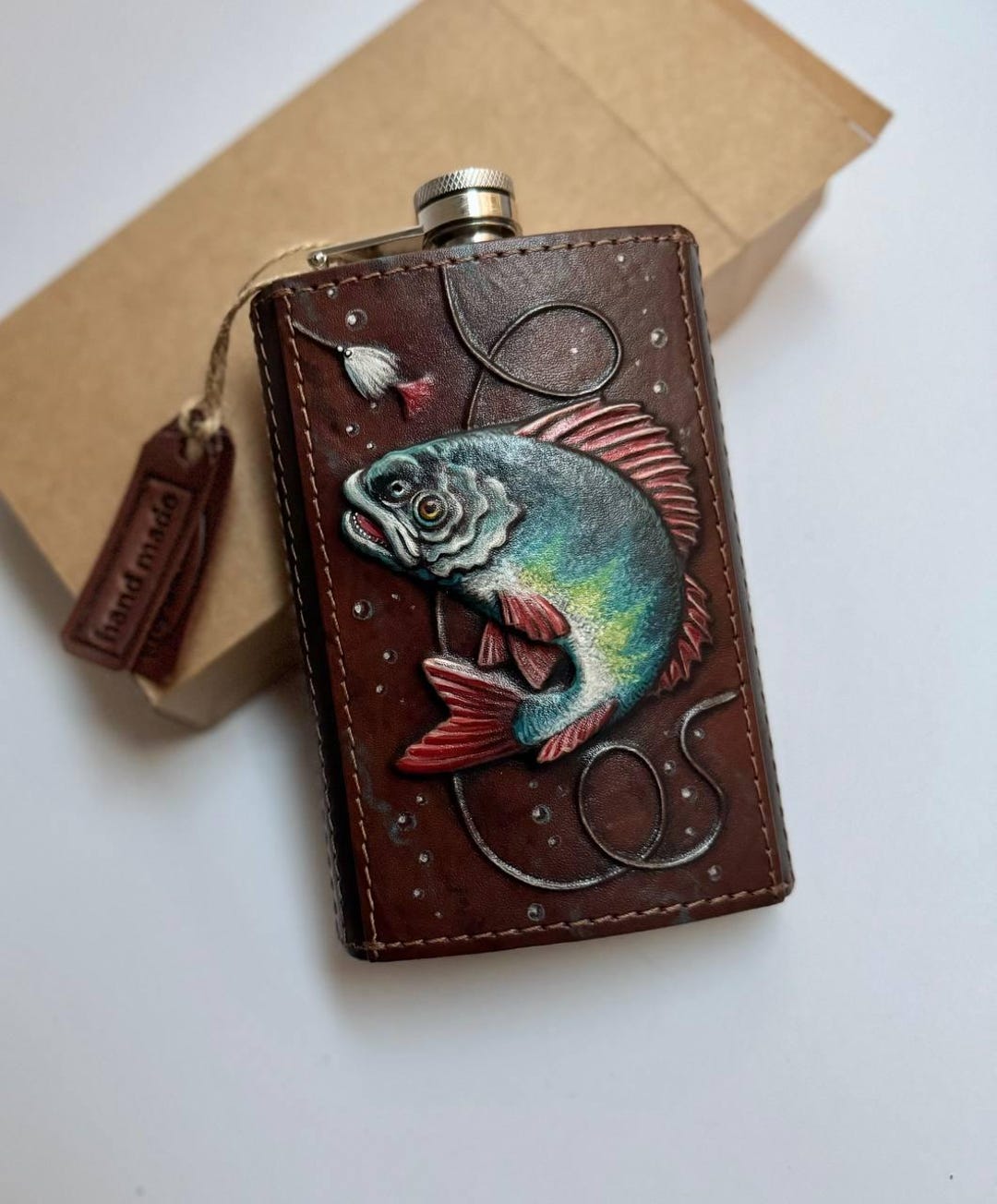 Fish Engraved Leather Hip Flask for Men Barware for Men Fishing Gifts ...