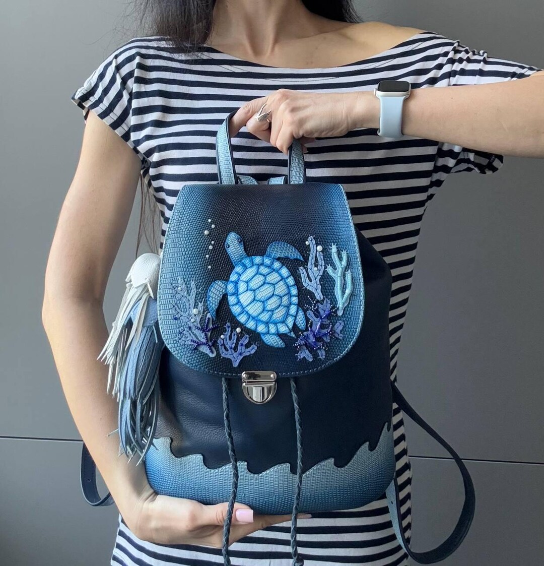 Sea Turtle Womens Leather Backpack Jellyfish Small Leather Backpack ...