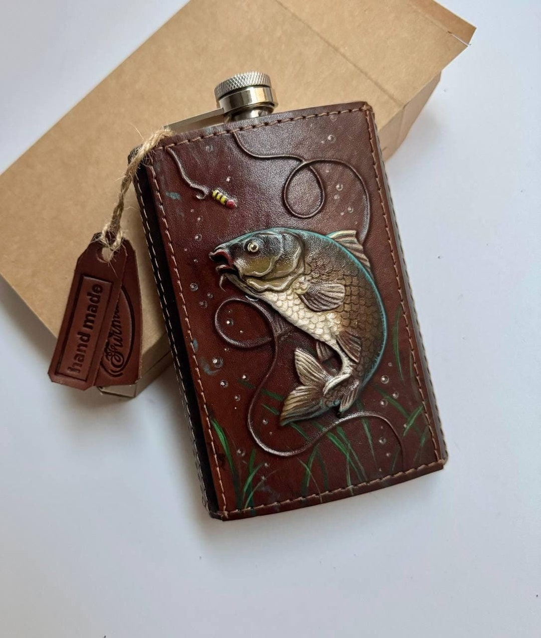 Fish Engraved Leather Flask for Men Drink Barware for Men Whiskey Flask ...