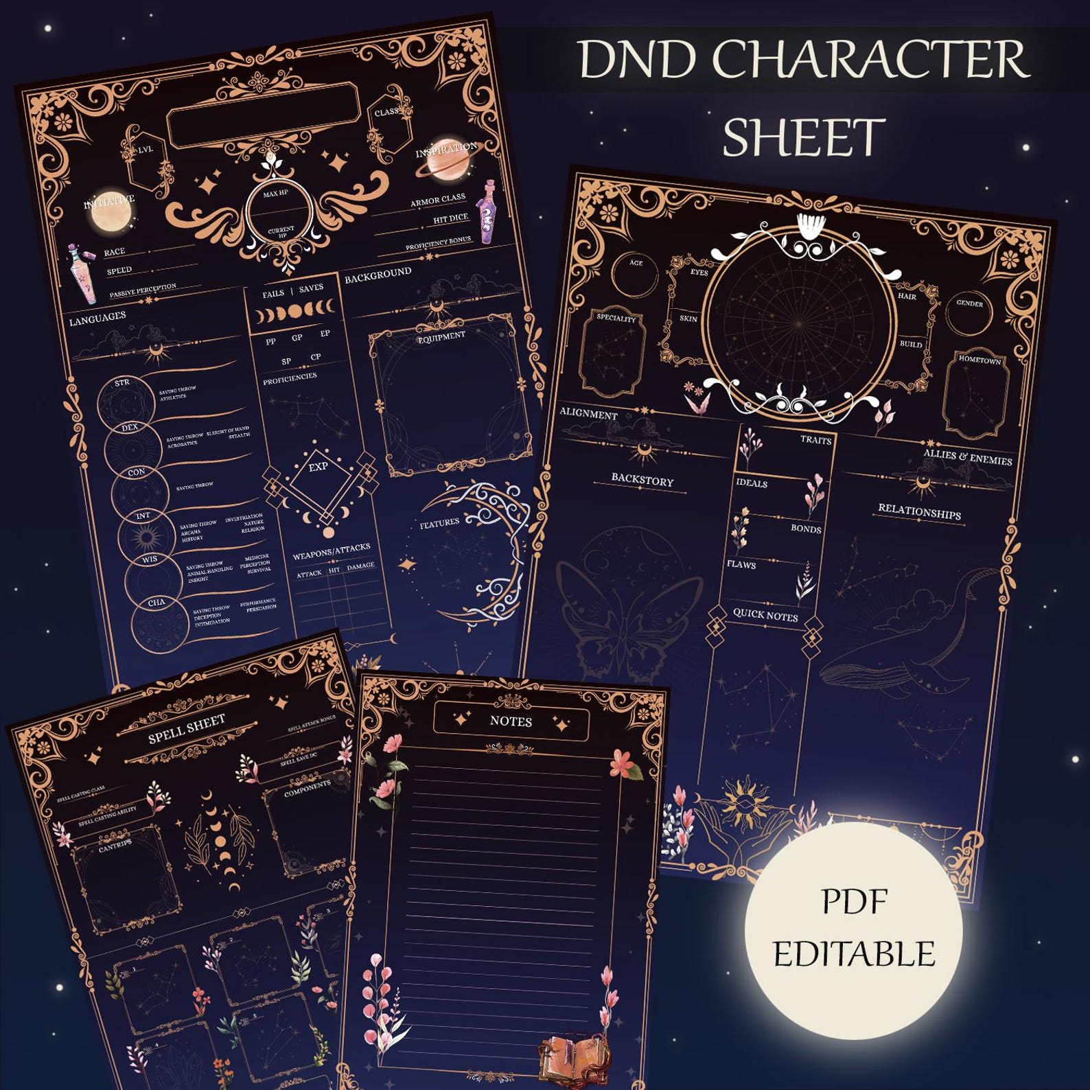 Dnd 5E Character Sheet | Celestial | Printable RPG Journal Digital ...