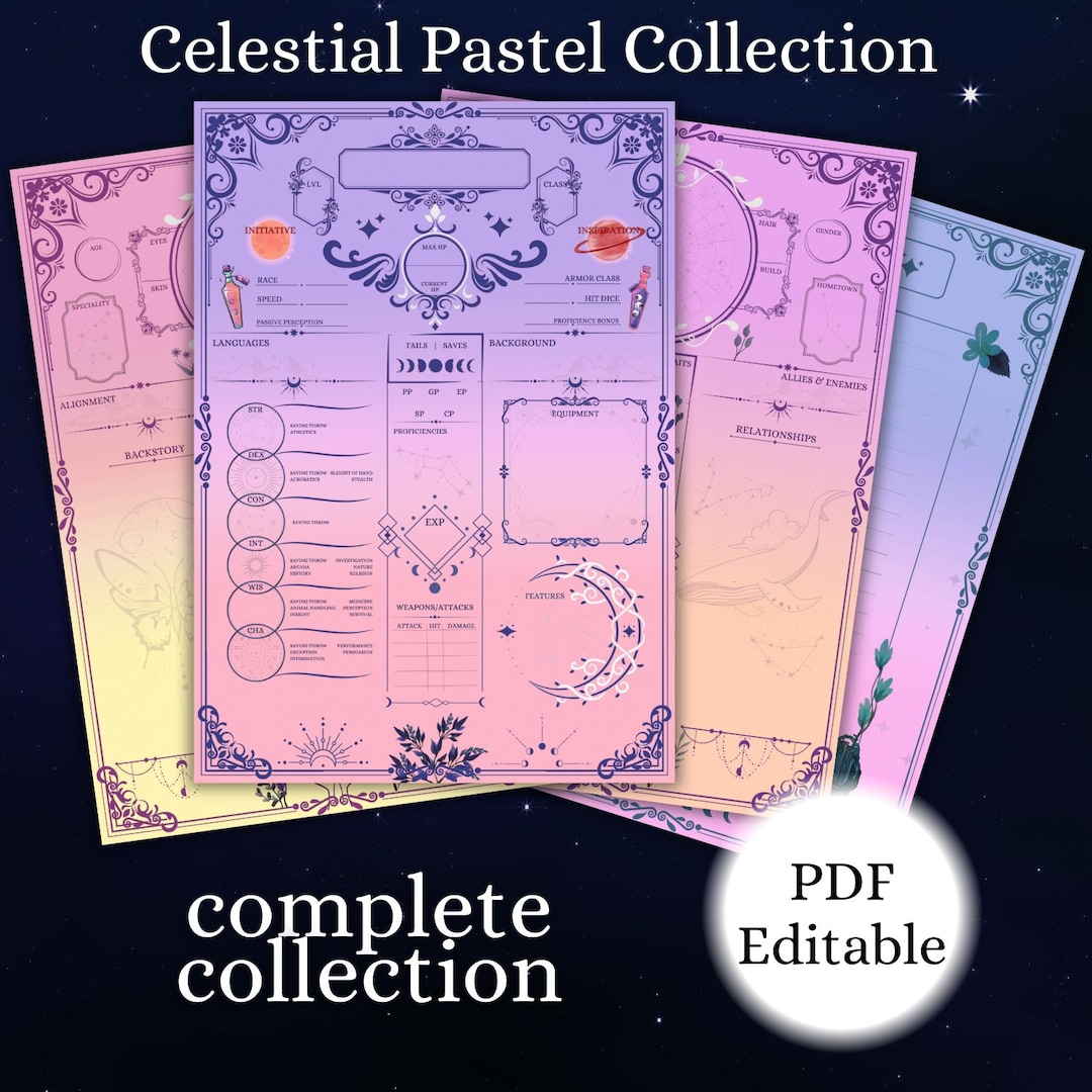 Celestial Pastel Dnd 5E Character Sheet: Complete Collection (printable ...