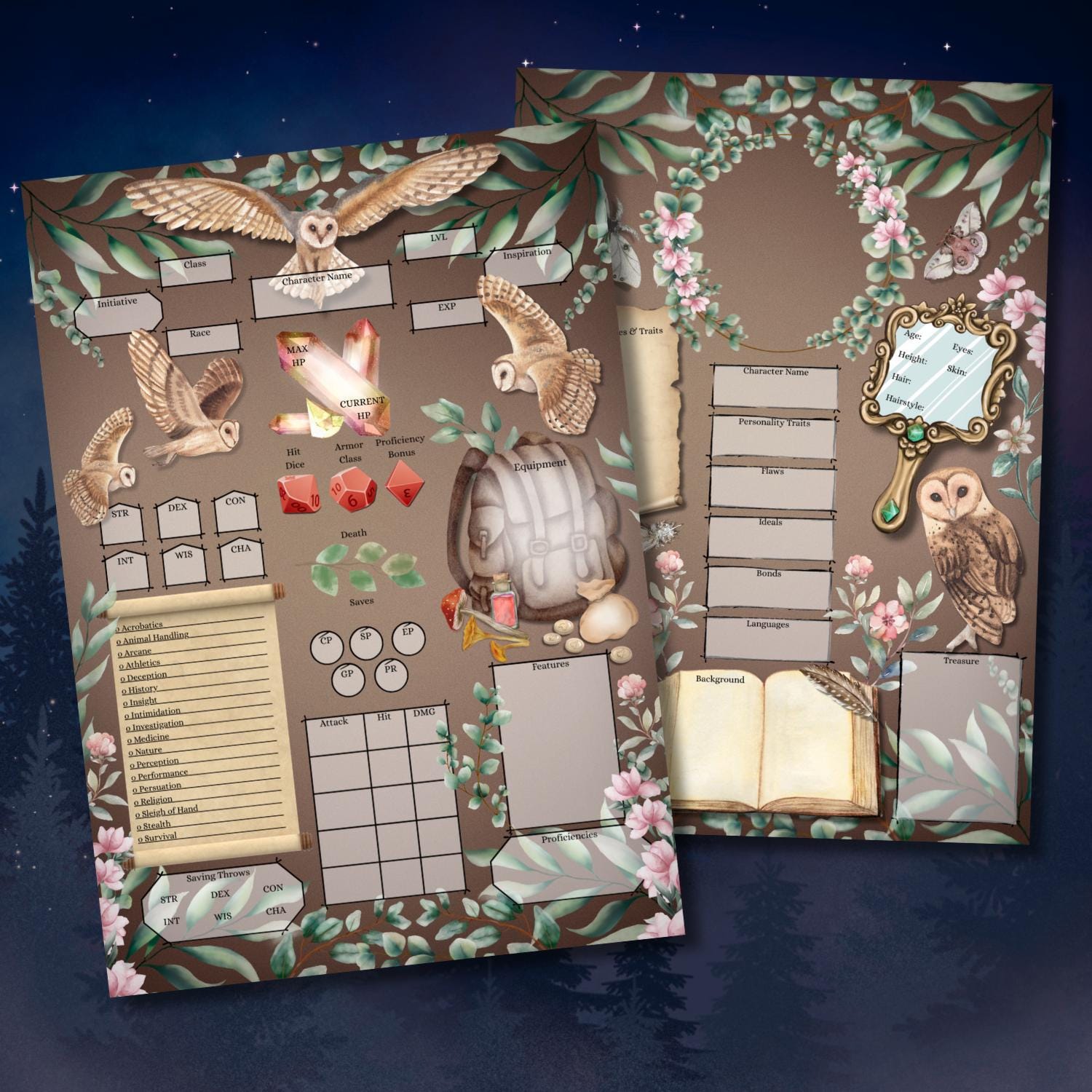 Owl Forest Druid Dnd 5E Character Sheet: Printable RPG PDF (digital ...