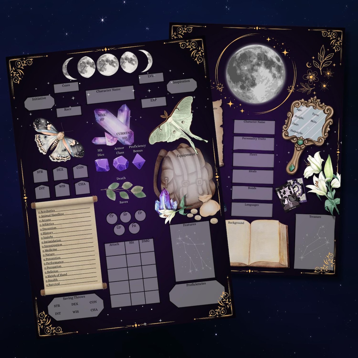 Moon Moth Dnd 5E Character Sheet: Purple Gold RPG (printable PDF ...