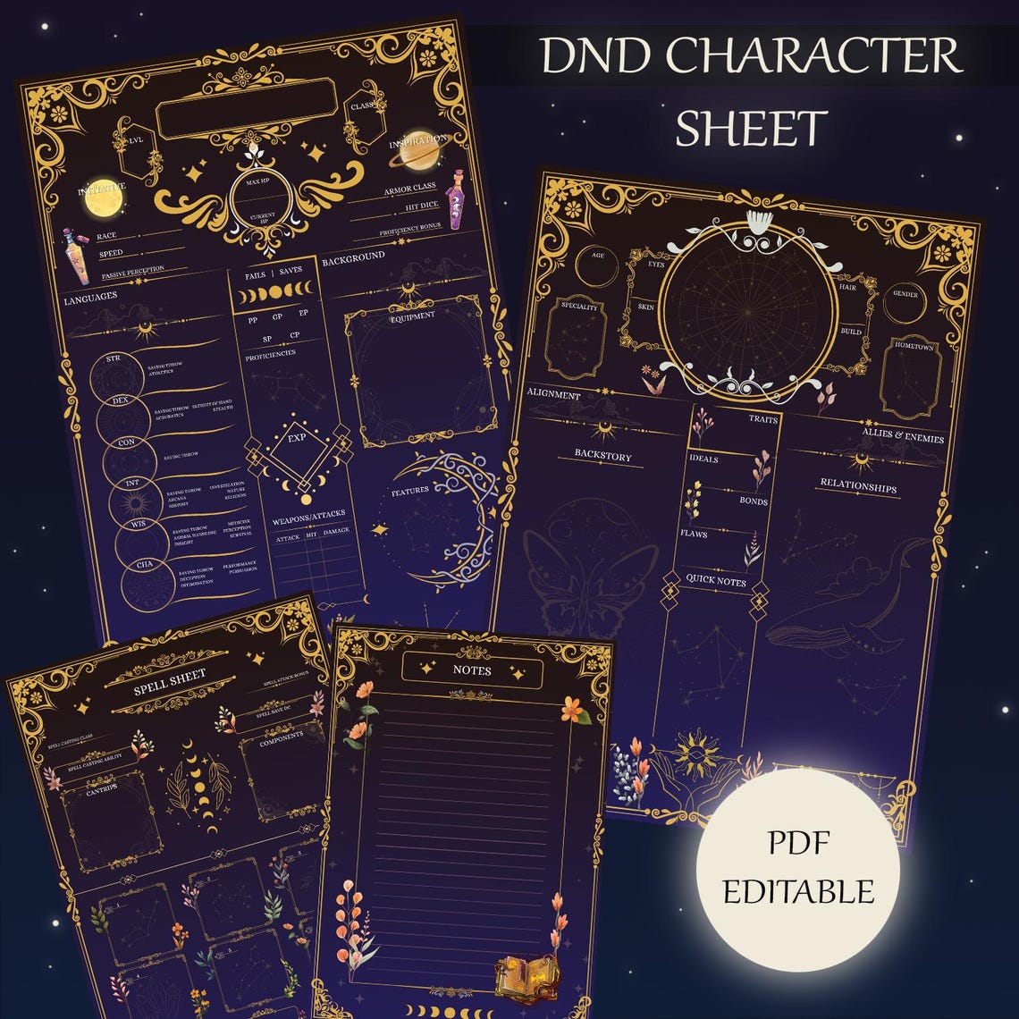 Dnd 5E Character Sheet – Celestial Theme | Printable RPG | Digital ...