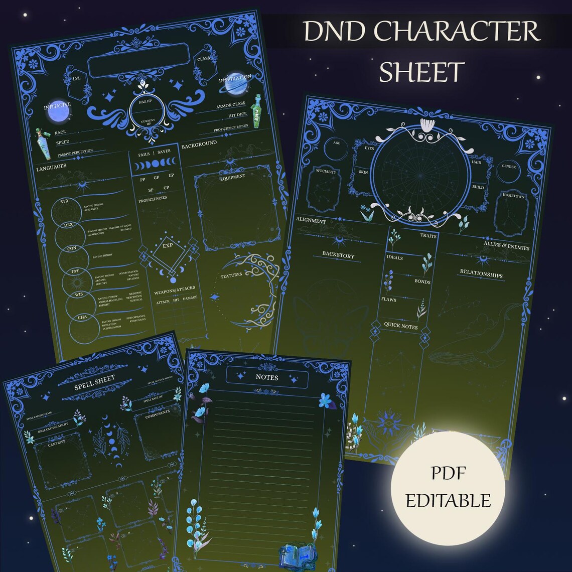 Dnd 5E Character Sheet – Celestial Theme | Printable RPG | Digital ...