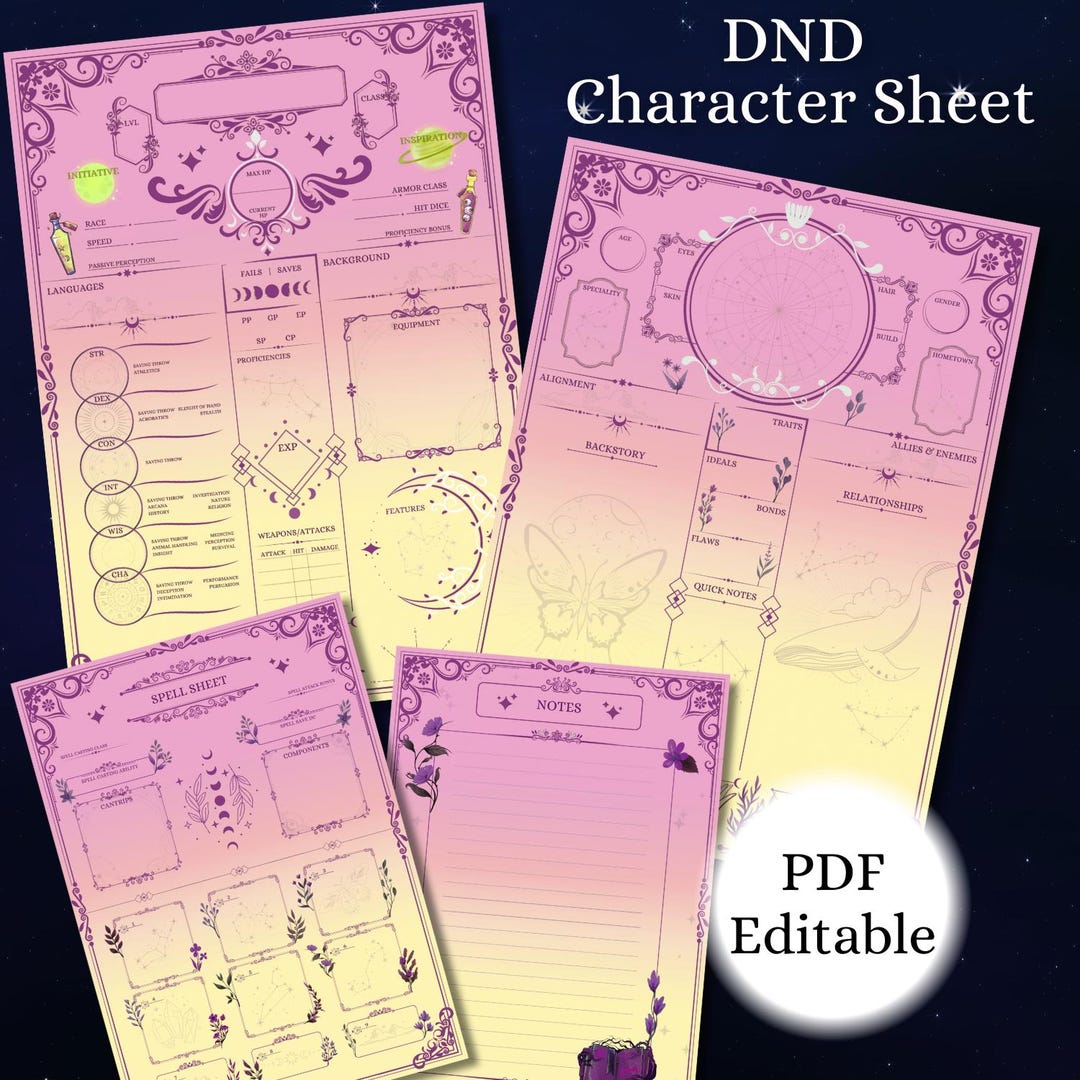 Celestial Pastel Rose Dnd 5E Character Sheet: Printable RPG Journal ...