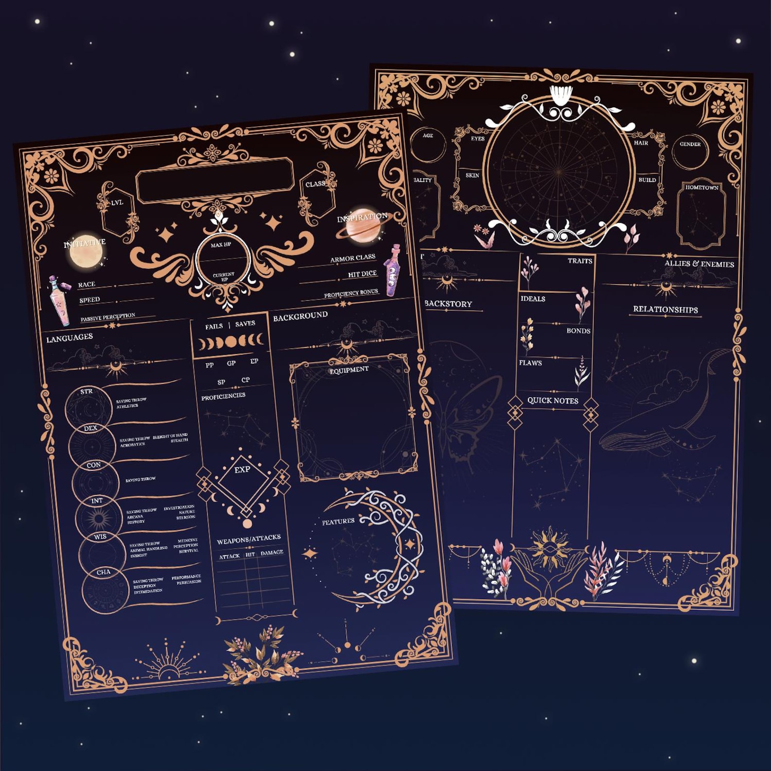 Dnd 5E Character Sheet | Celestial | Printable RPG Journal Digital ...