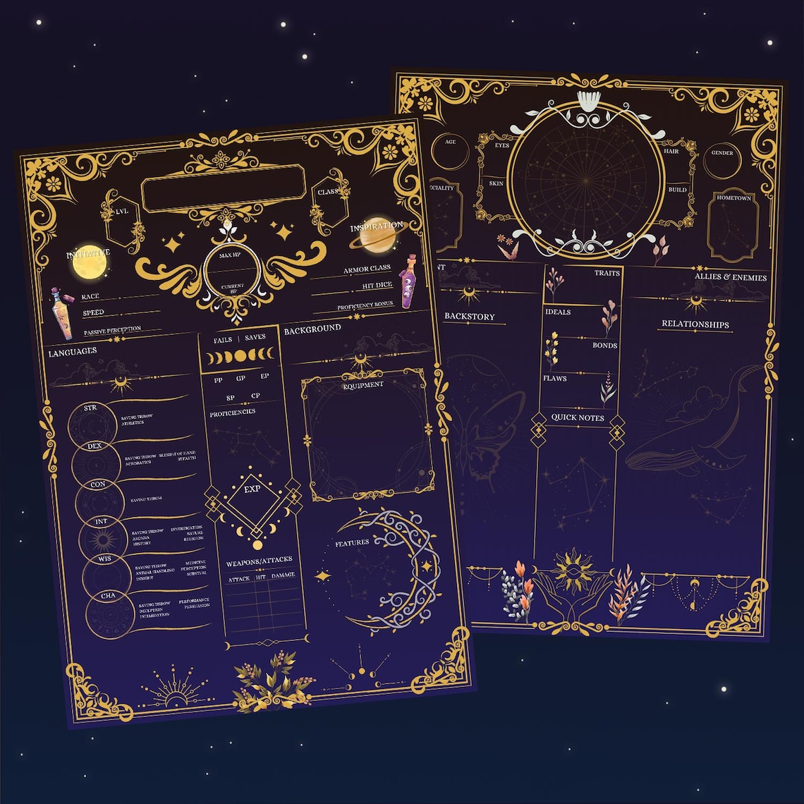 Dnd 5E Character Sheet – Celestial Theme | Printable RPG | Digital ...
