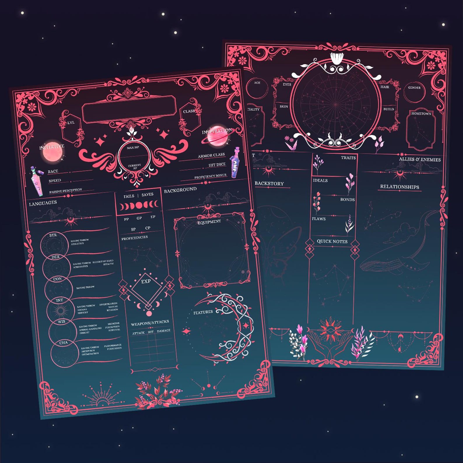 Celestial Dnd 5E Character Sheet: Coral Pink RPG (printable PDF) - Etsy