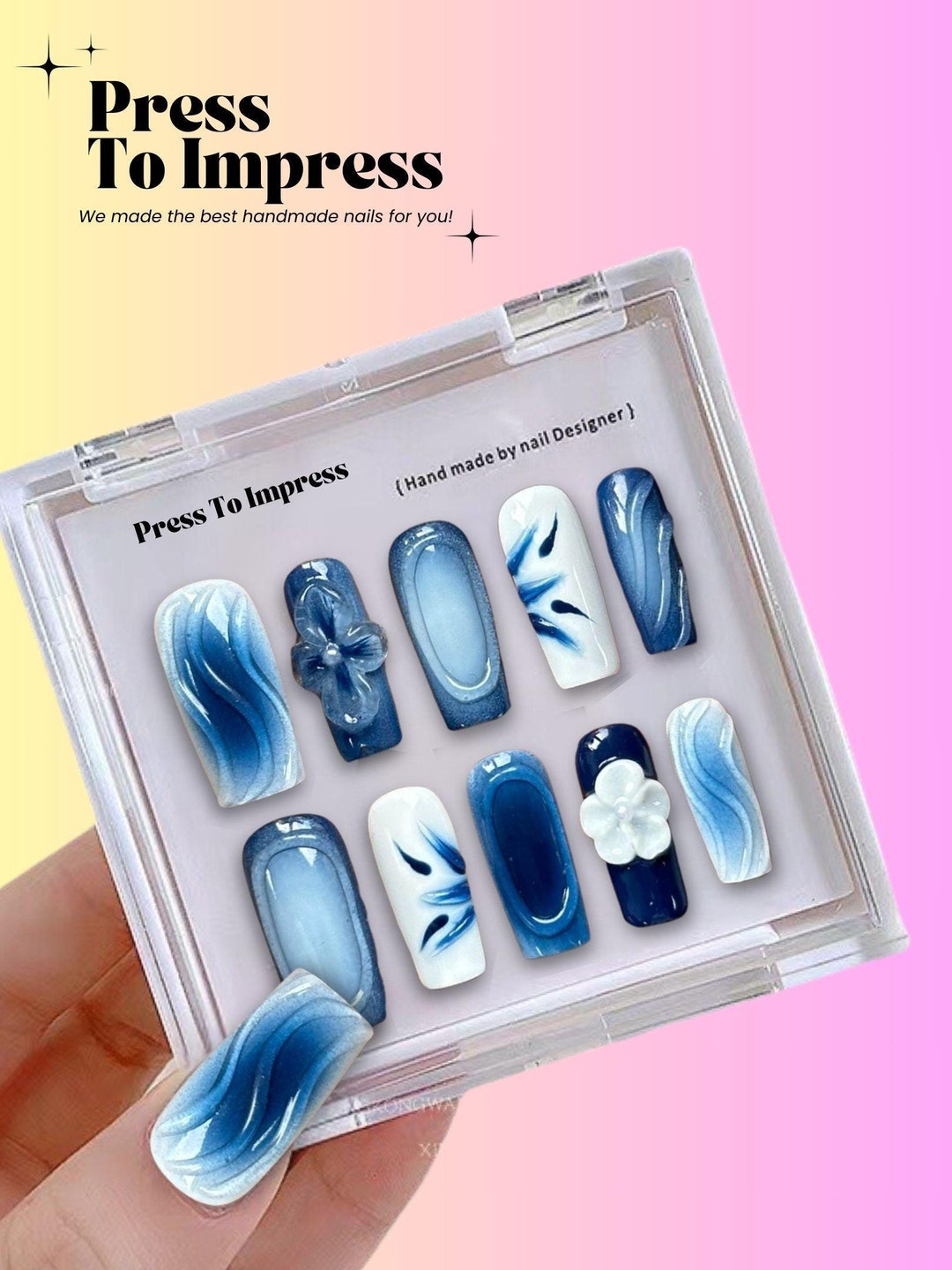 Free Style Blue and White Porcelain Nails/3d Floral Press on Nails Long ...