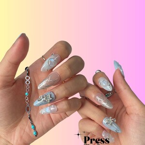 Y2K Blue Star Press on Nails, Short Almond Nails/y2k Nails/gyaru Nails ...