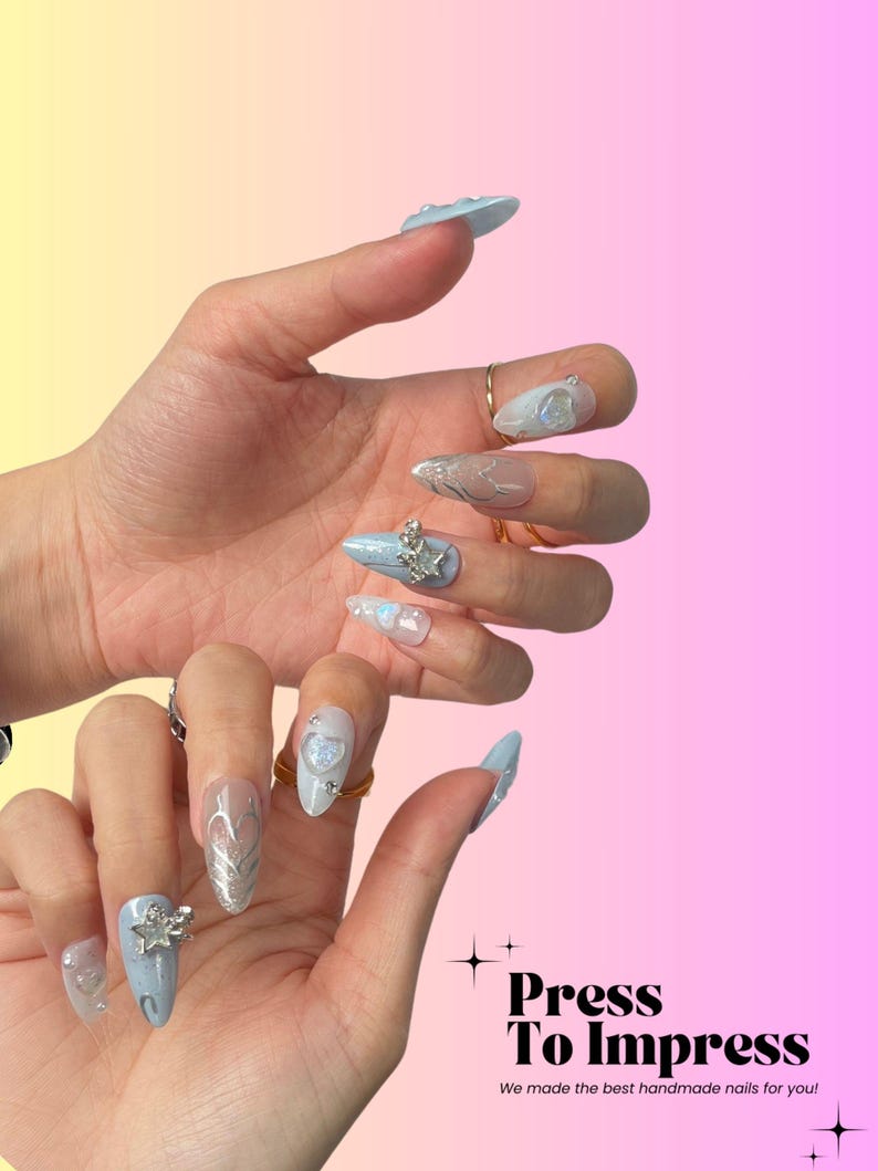 Y2K Blue Star Press on Nails, Short Almond Nails/y2k Nails/gyaru Nails ...