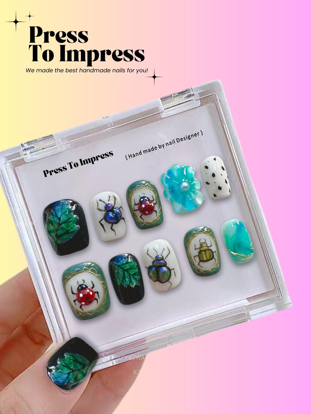 Bug Gallery Short Square Press on Nails/hand-painted 3D Insect Nails ...