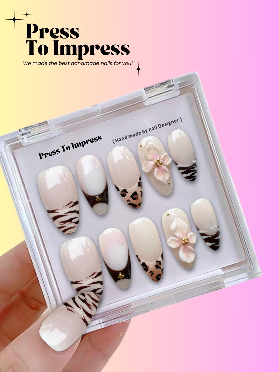 Leopard French Tip With 3D Flower Long Almond Press on Nails, Zebra ...