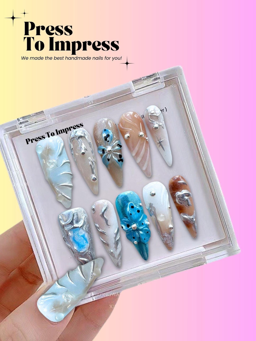 Gothic Style Chrome Silver Floral Stiletto Press on Nails / Long Nails ...